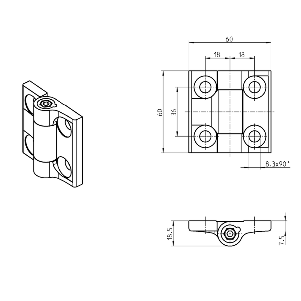 1056-U14-01 EMKA 180 Degree Screw-On Torque Hinge - 60mm Long — Steel ...